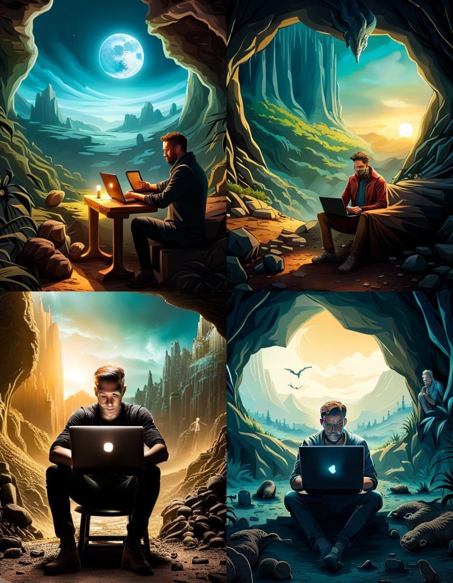 man in cave typing on laptop - AI Generated Artwork - NightCafe Creator