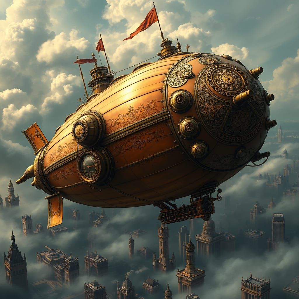 Steam-Powered Blimp soars through a Turbulent Vict... - AI Art