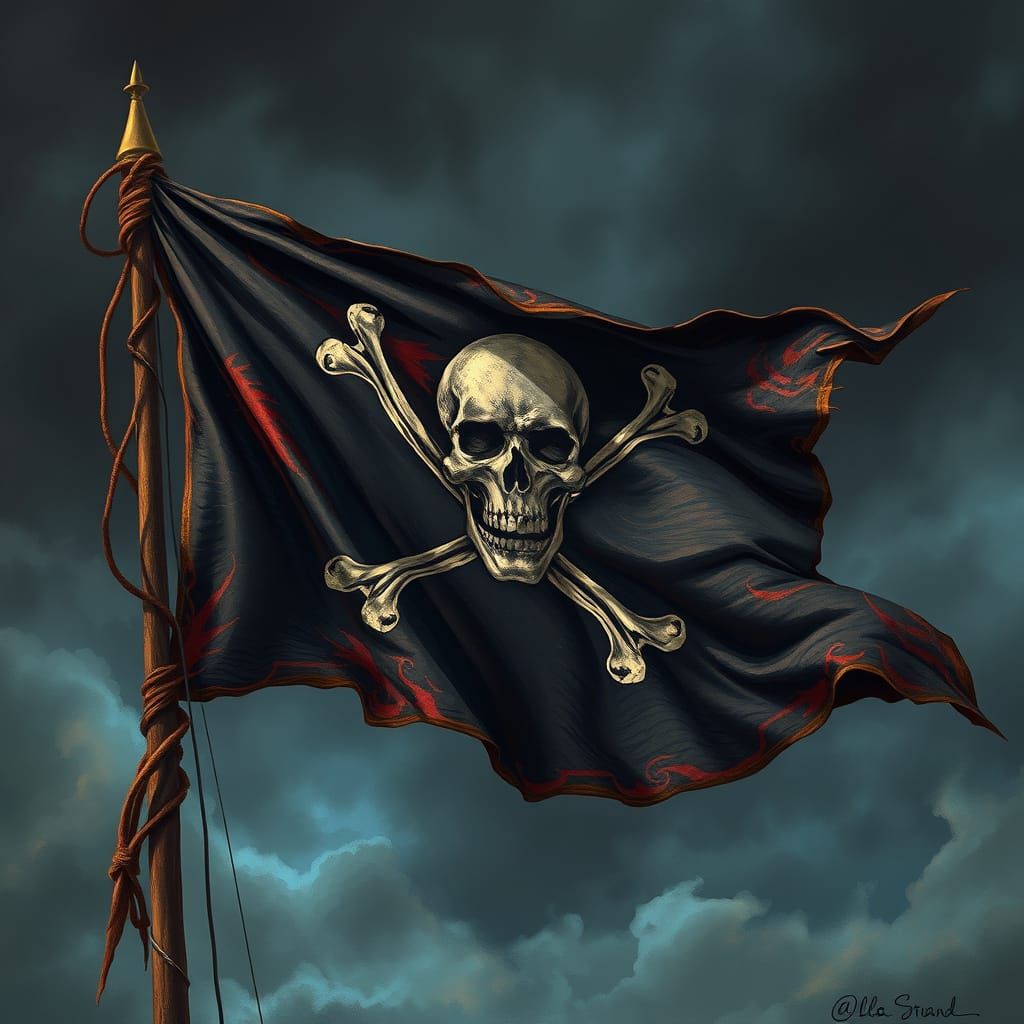 a pirate flag - Pirate Flag in a Dark, Ominous Sky with Gold...