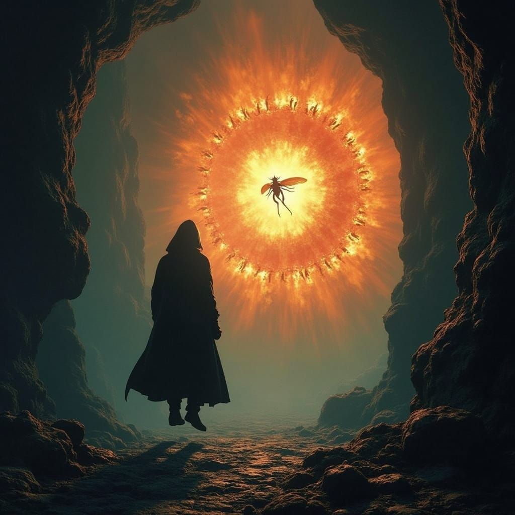 Man Confronts Dark Rift in Ancient Cavern - AI Art