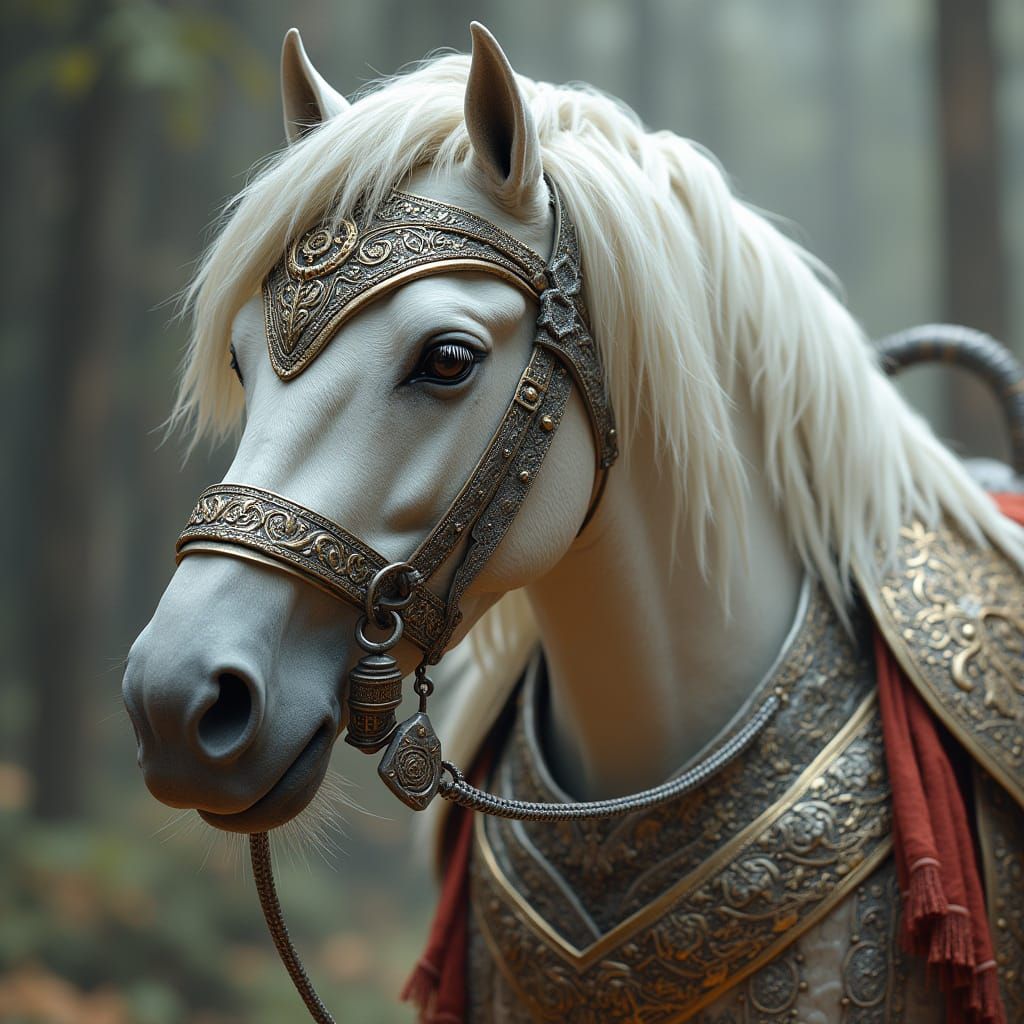 Majestic Snow-White Warhorse in Shining Plate Armo... - AI Art