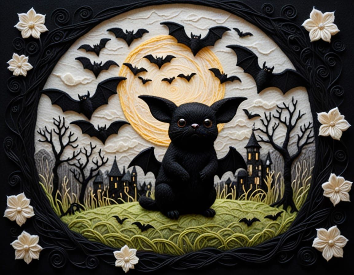 Chibi Bats in Whimsical Embroidered Felted Wool Sc... - AI Art
