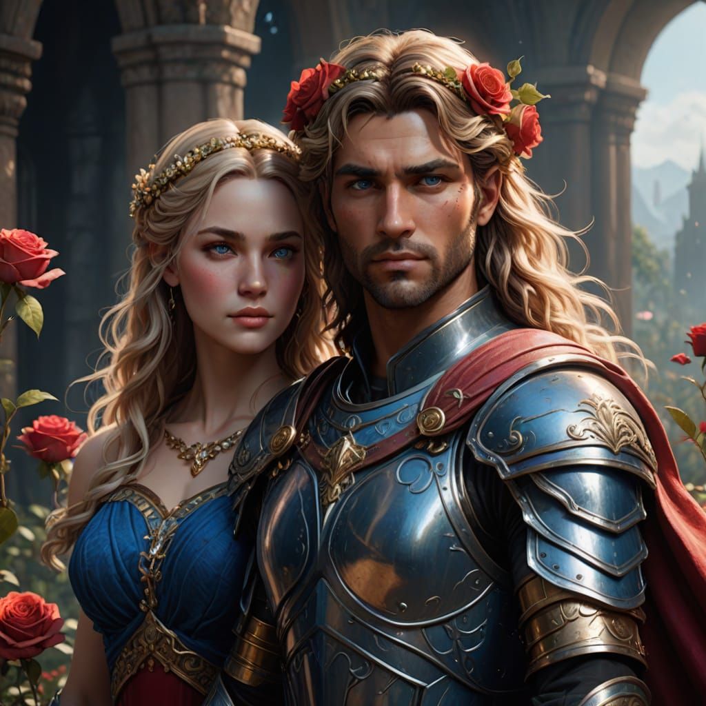 A stunning, close portrait of Aphrodite and Ares in a romantic way.