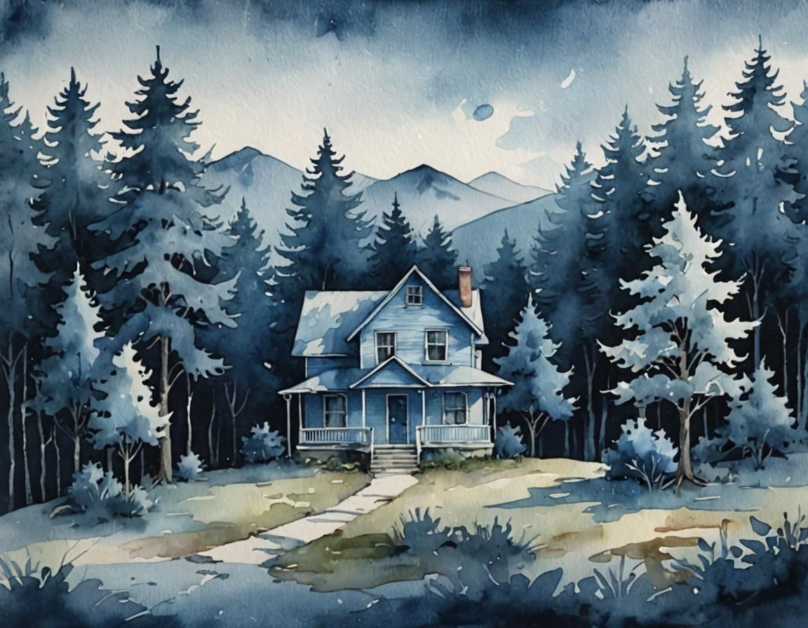 washed out faded watercolor, sad blue house, sad blue forest, sad blue ...