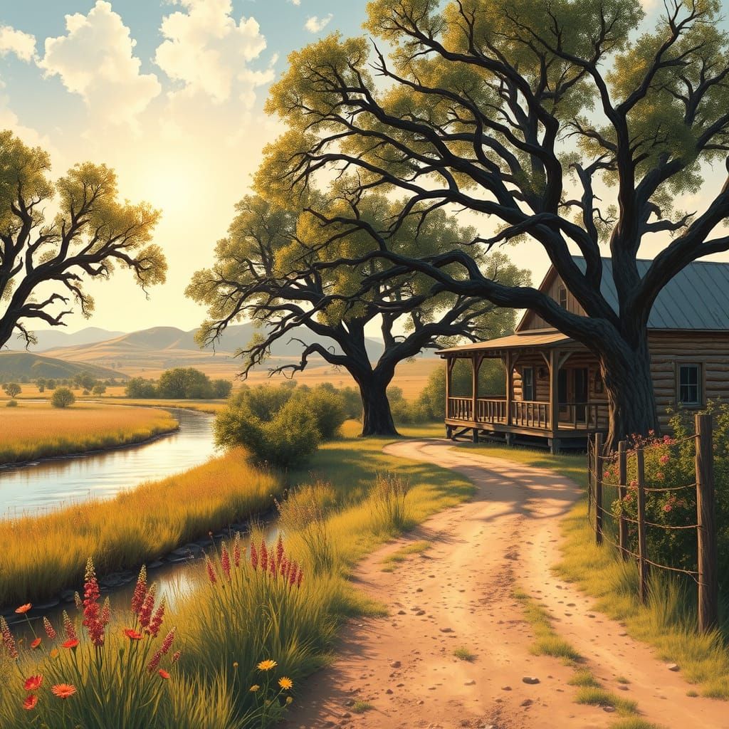 The old place - A Texas Ranch Scene in 1850 with Majestic Li...