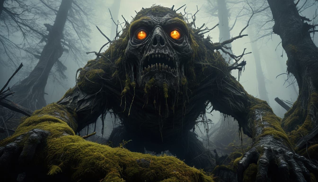 Terrifying stone-wood hybrid creatures emerging from ancient mountain ...