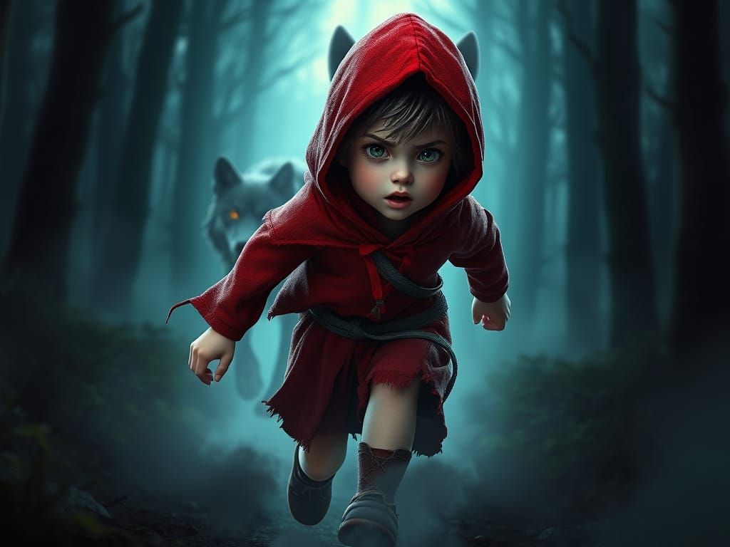 3D digital art, a little girl in a red tood ran in the dense forest ...