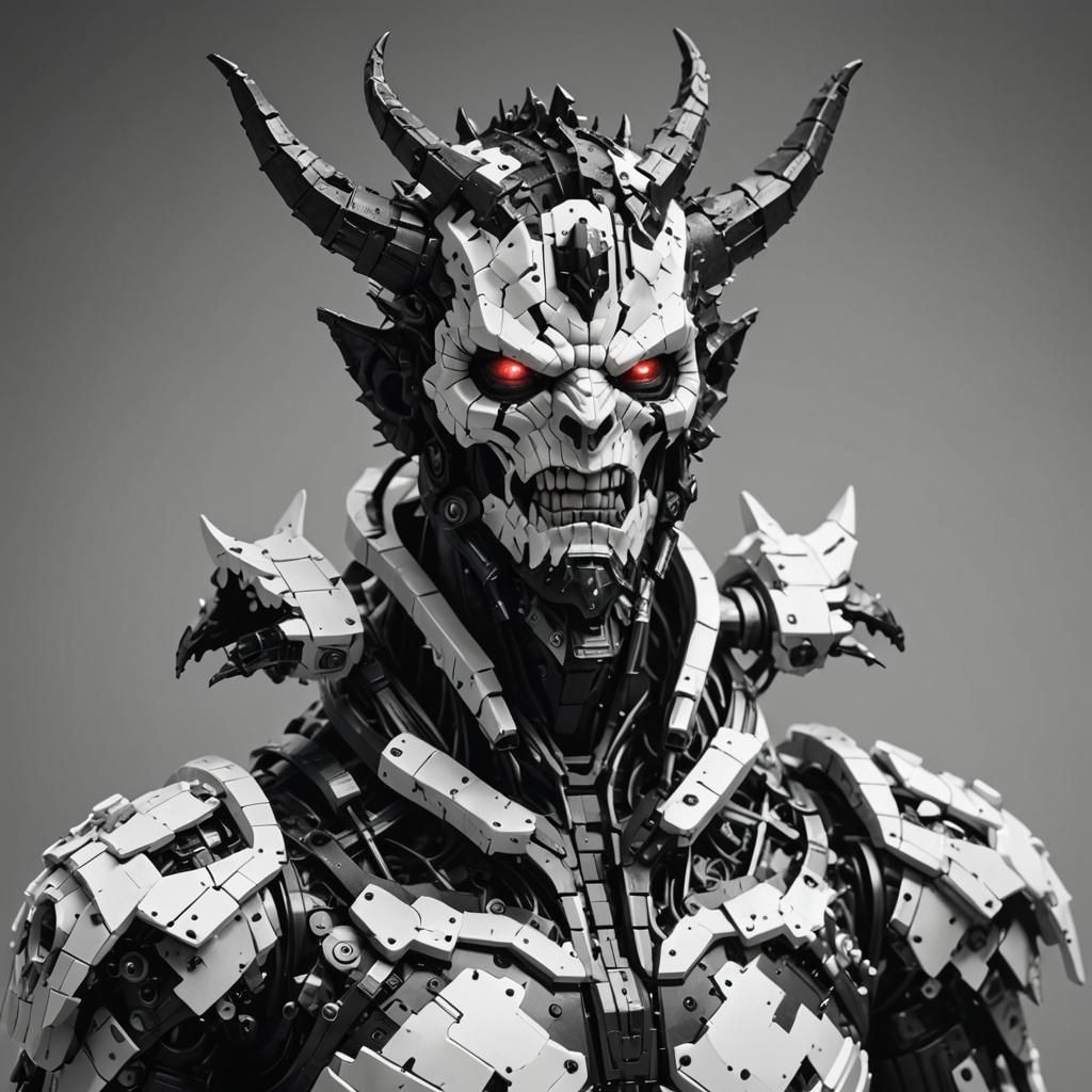 Ultra-Realistic Pixelated Android Demon in Monochr... - AI Art