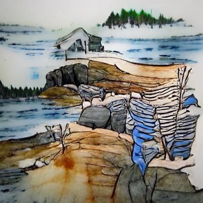 A rocky Maine coastal cove #film watercolor ink drawing wet wash ...