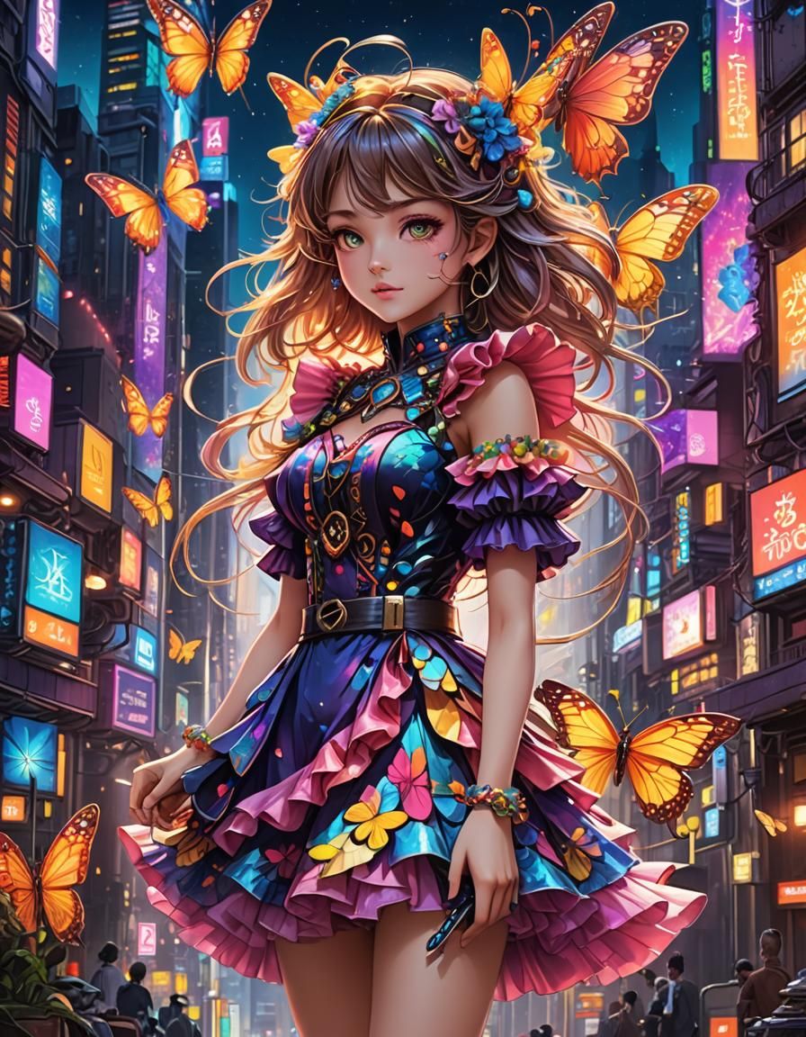 (epic anime poster art of a cute magical girl wears a colorful ruffle ...