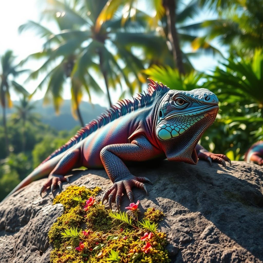 majestic multicolored rainbow iguana facing the ca... - AI Art