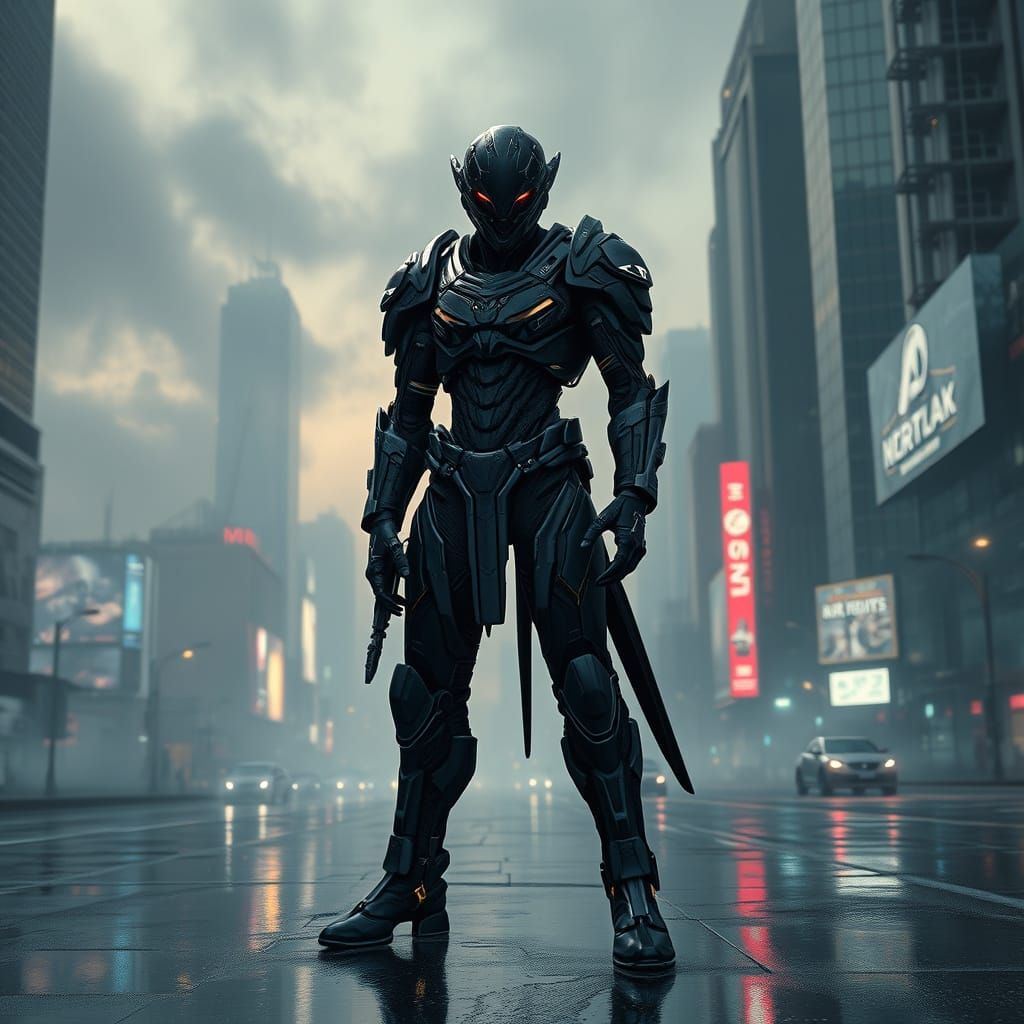 Epic Futuristic Alien Soldier in Cyberpunk Citysca... - AI Art