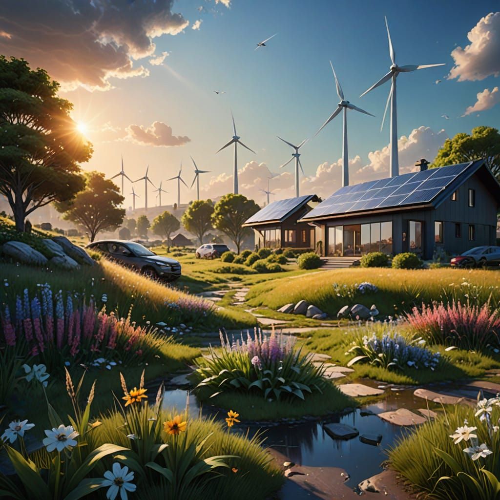 Sustainable Futuristic Meadow with Solar Panels an... - AI Art