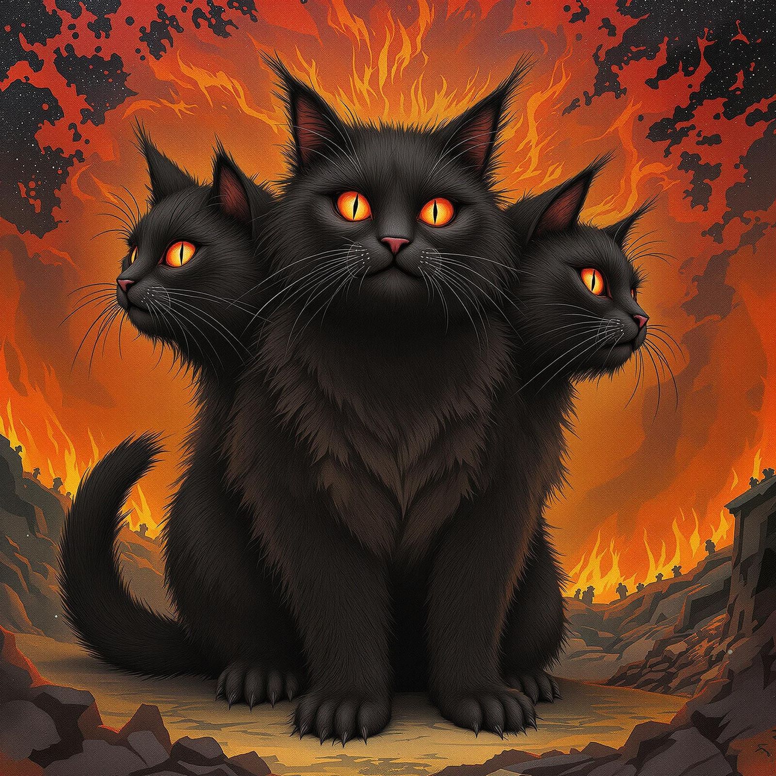 Three-Headed Cat in a Fiery Landscape - AI Art