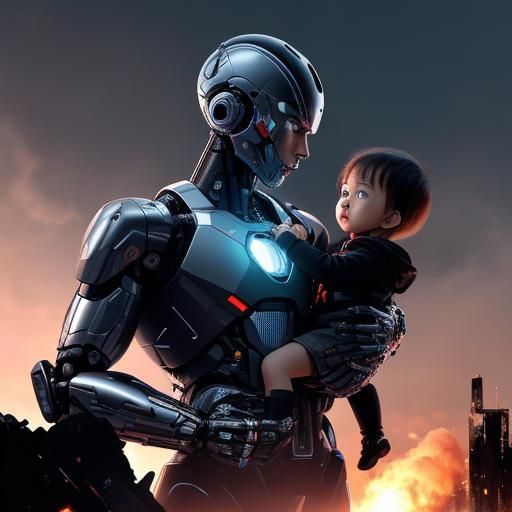 Humanoid cyborg rescues child - AI Generated Artwork - NightCafe Creator