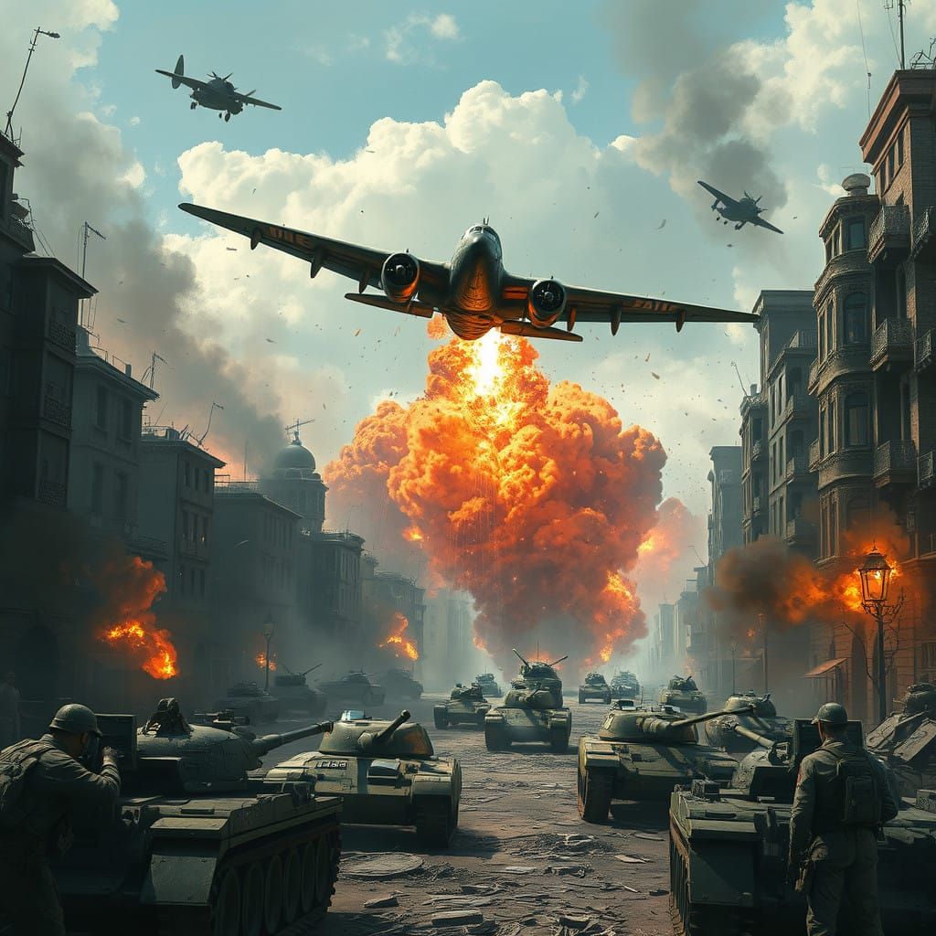 Bomber Unleashes Chaos in War-Torn Cityscape, Insp... - AI Art