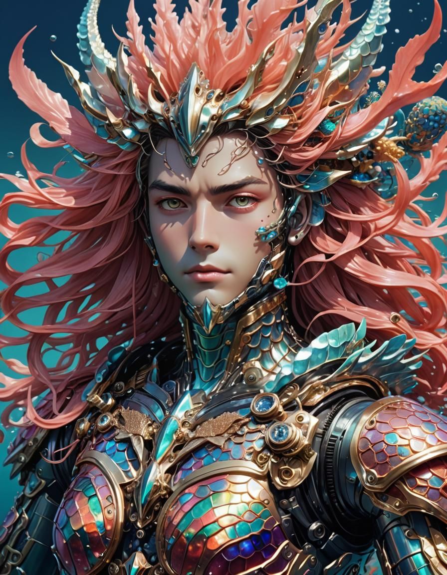 (beautiful anime portrait of a robot merman with shiny metallic scales ...