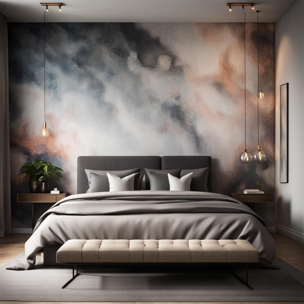 Modern moody style master bedroom with a beautiful solid abstract ...