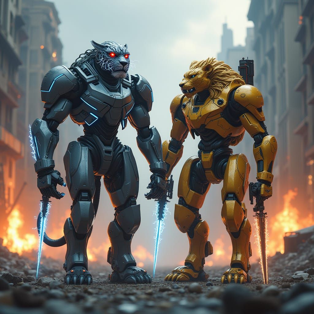 Cyberpunk Tiger and Lion Mechs Stand Unstoppable i... - AI Art