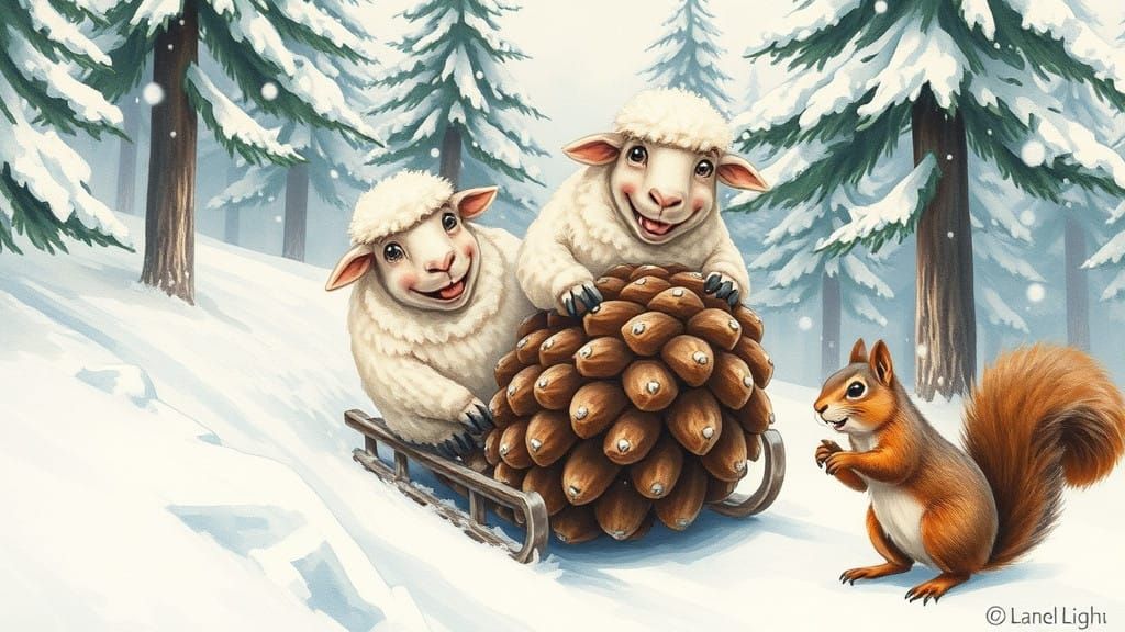 Two funny sheep sledding in a snowy forest