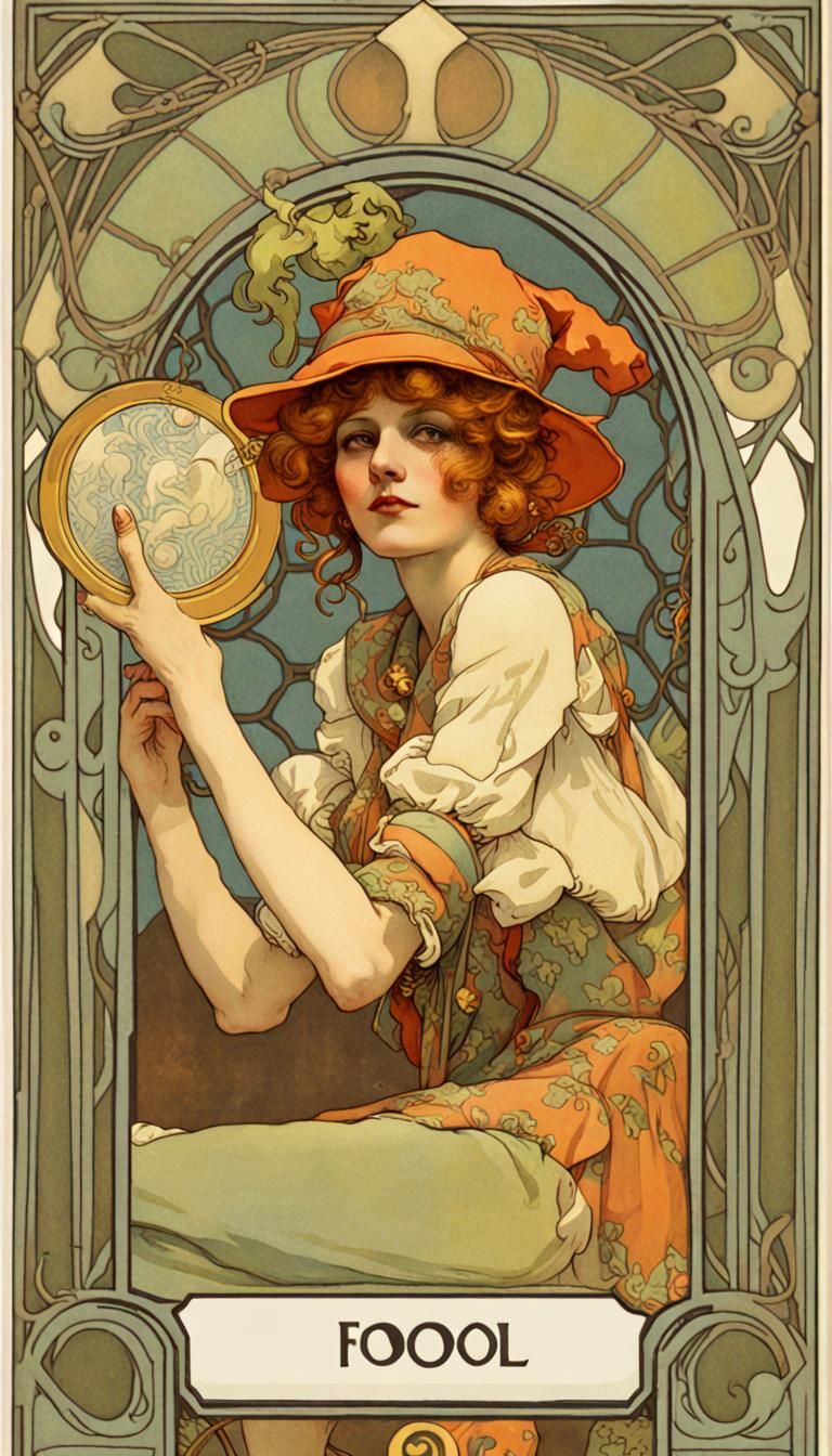 Alphonse Mucha, Fool, The Fool Tarot card, female fool in a jesters cap ...