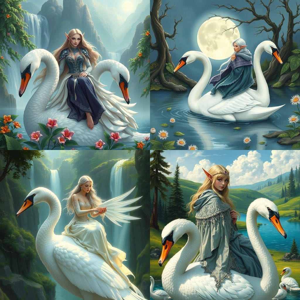 Ethereal Elf Rides Swan Through Enchanted Realm - AI Art