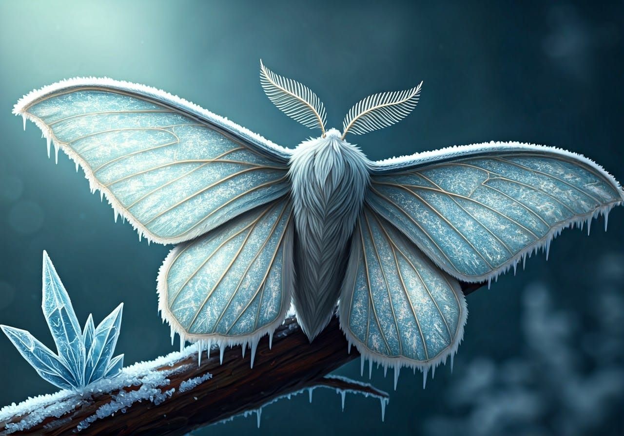 A delicate moth with wings resembling intricately frozen leaves, their ...