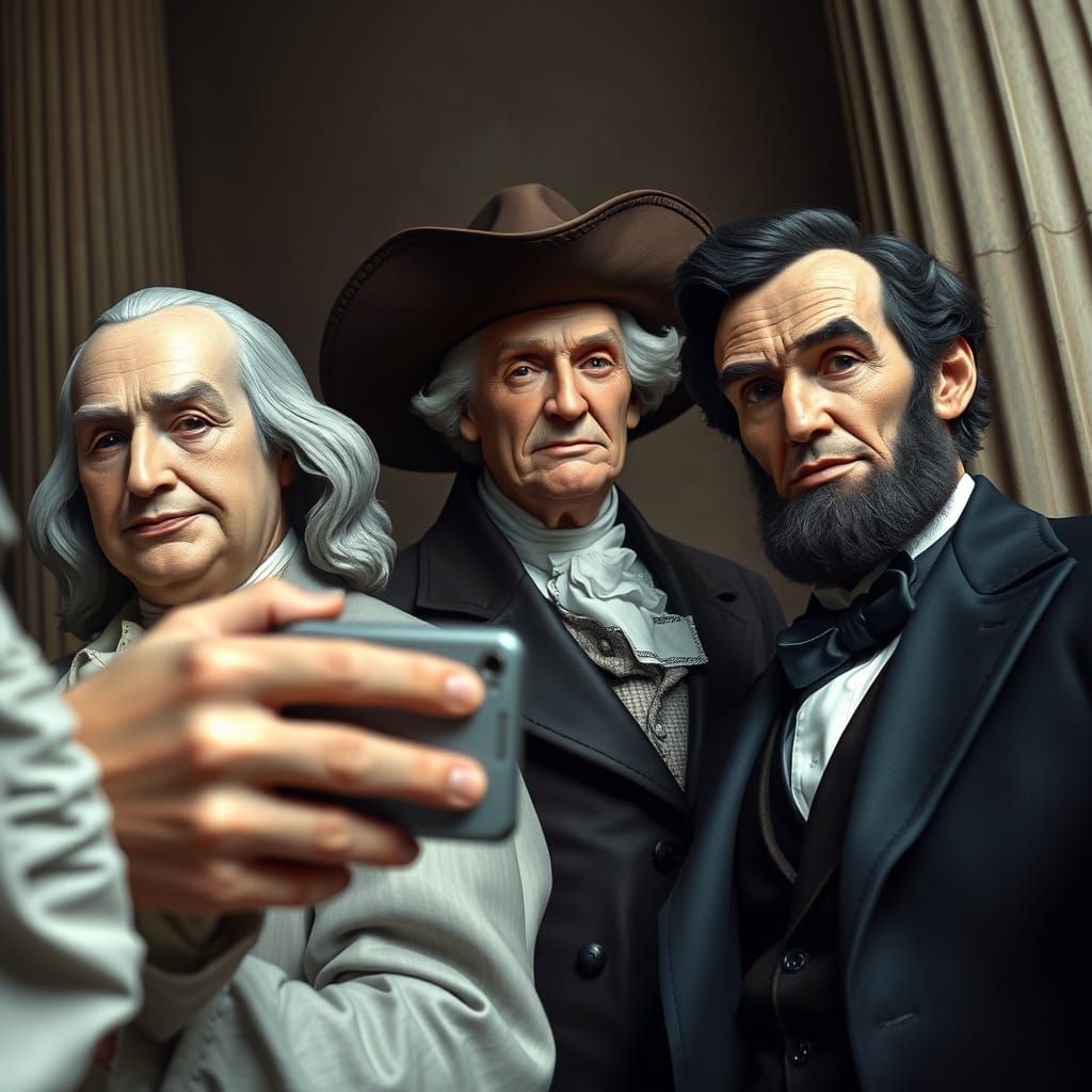 Benjamin Franklin, George Washington and Abraham Lincoln taking a selfie
