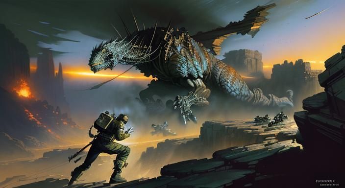 Enemy Patrol Attack in Rocks: Dark Fantasy Art - AI Art