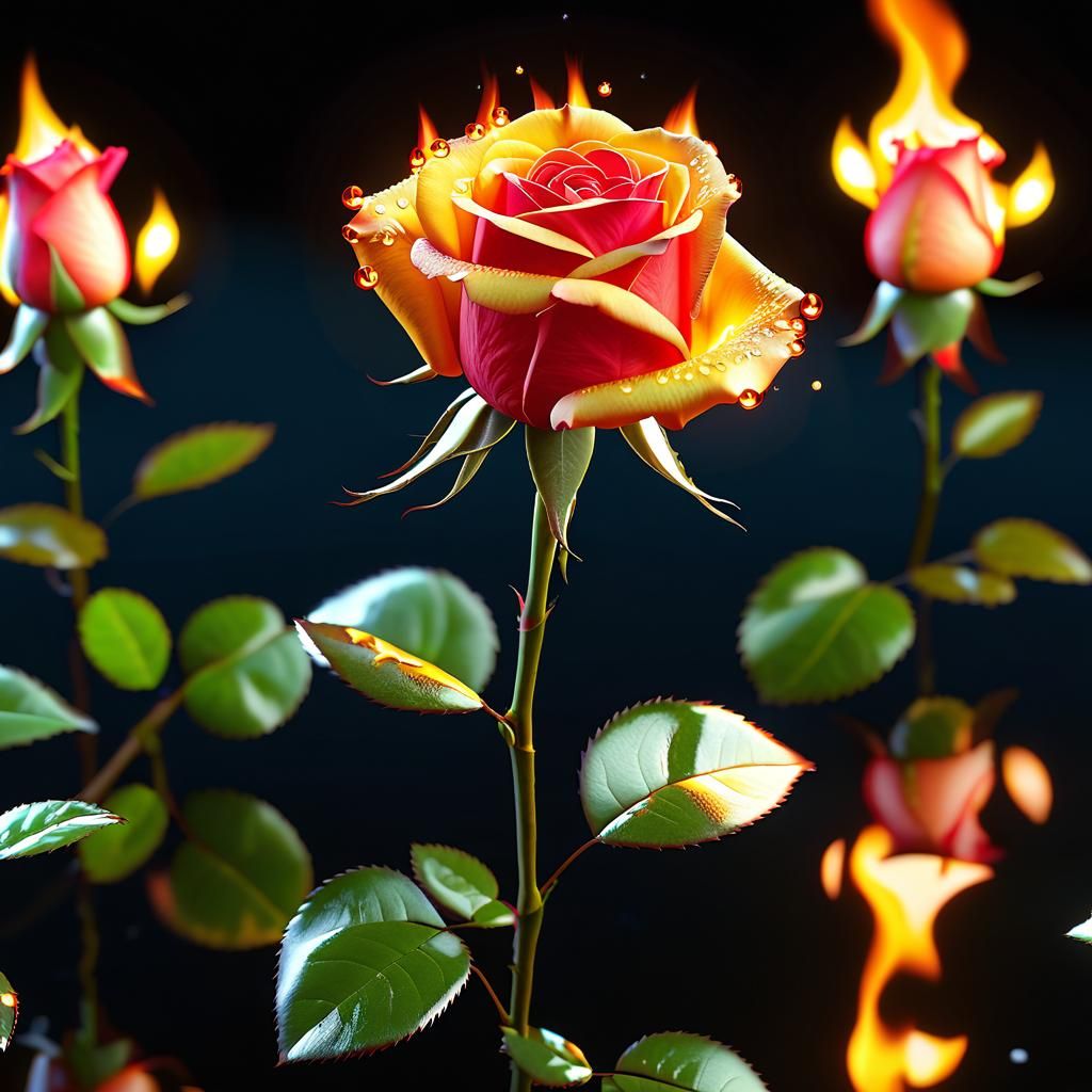 On Fire, a Rose made of flames, melting, on fire, fireflies, water ...