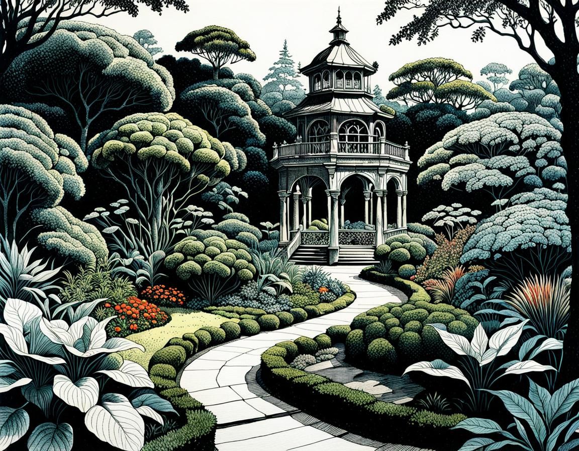 An intricately and meticulously detailed Ink Drawing of a Botanical ...