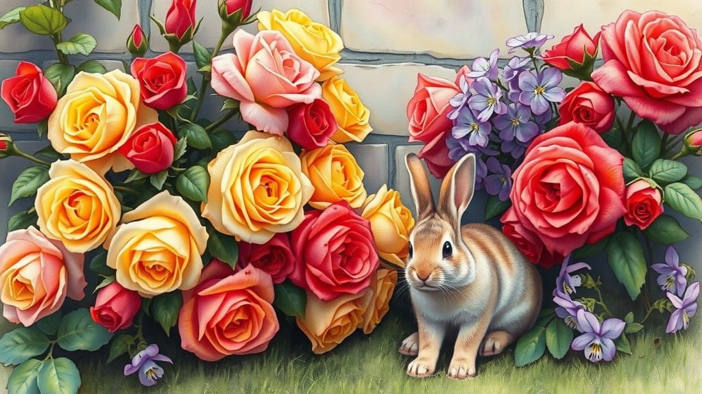 Whimsical Rose Garden Scene in Dreamy Watercolor S... - AI Art