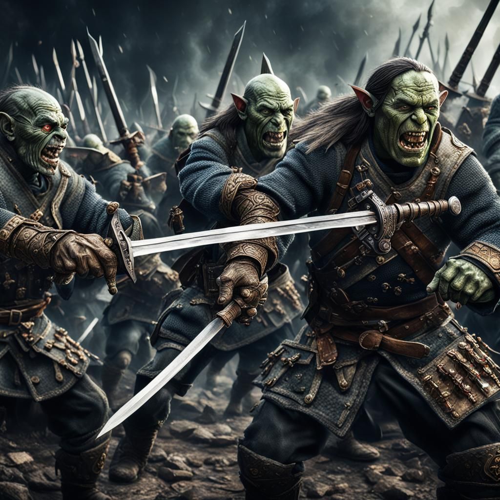 a realistic look of militry shooting orcs with swords - AI Generated ...