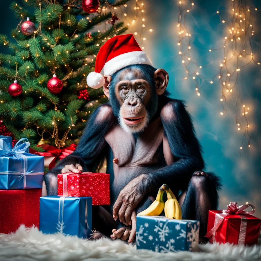 A beautiful chimpanzee is sitting by a Christmas tree. Christmas tree ...