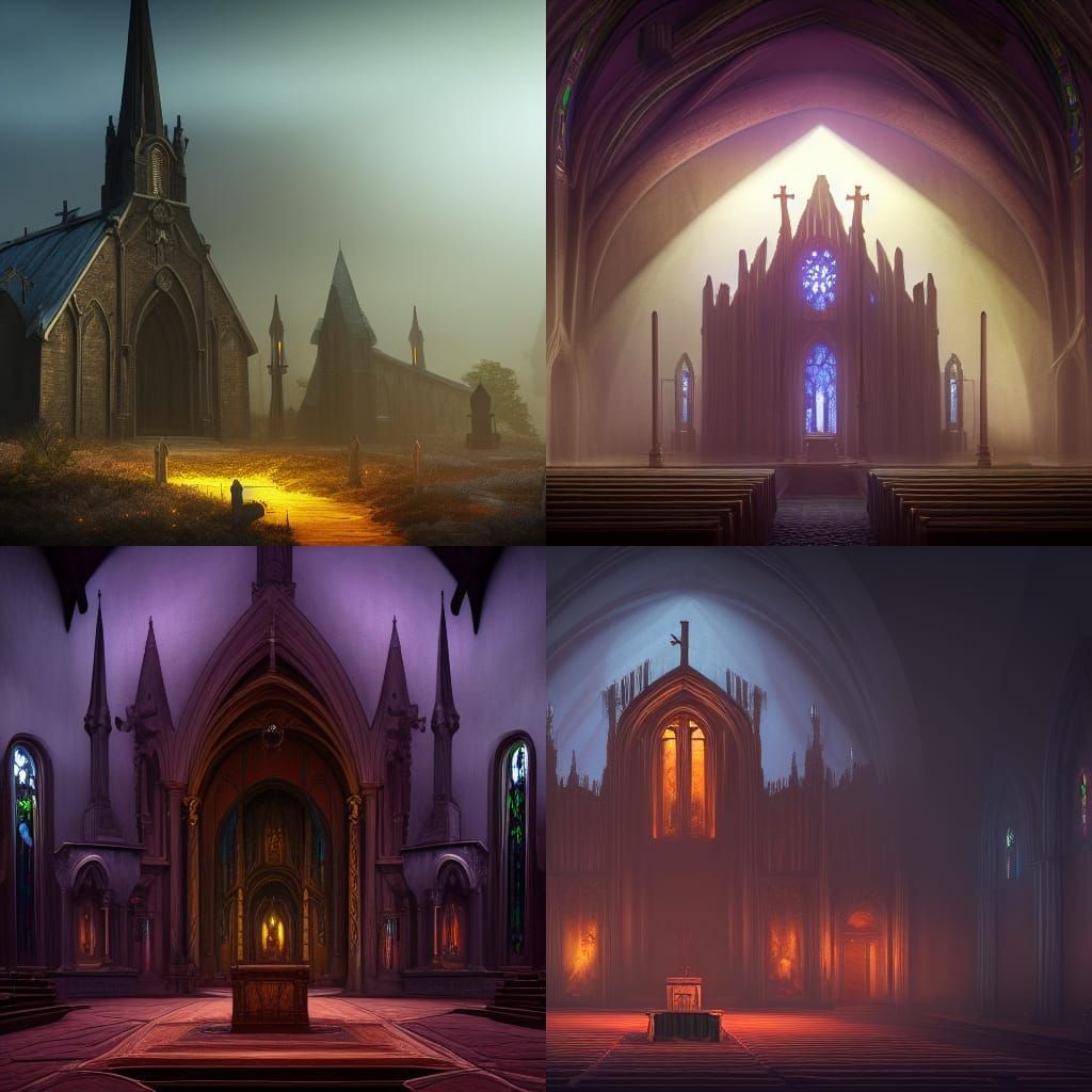 dark church with the altar in plain view of light - AI Generated ...