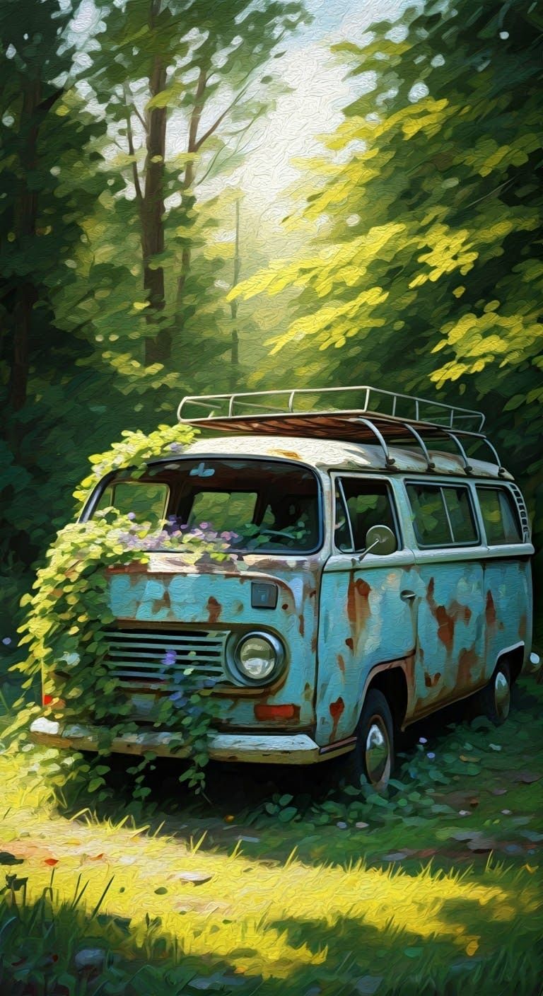 Abandoned Camper Van Transformed by Nature in Neo-... - AI Art