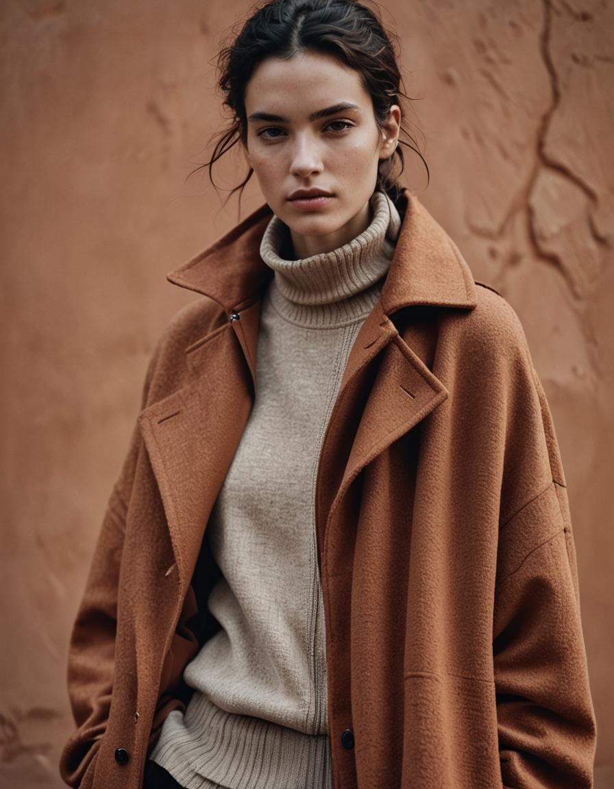 A fashion portrait of a model wearing a layering oversized jacket with ...