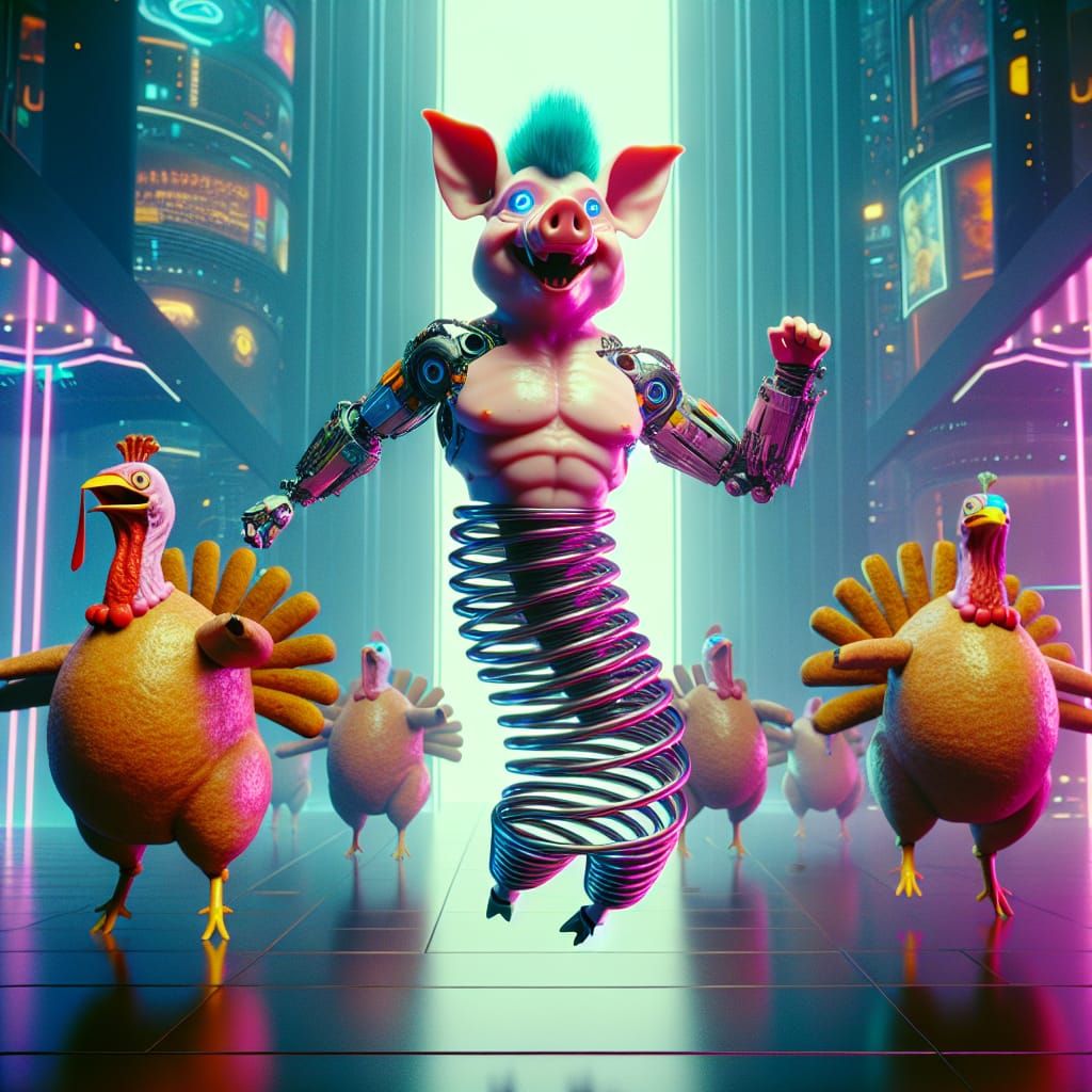Power Pig has a Torso like a Slinky Spring Dancing with The Turkeys - AI Generated Artwork ...