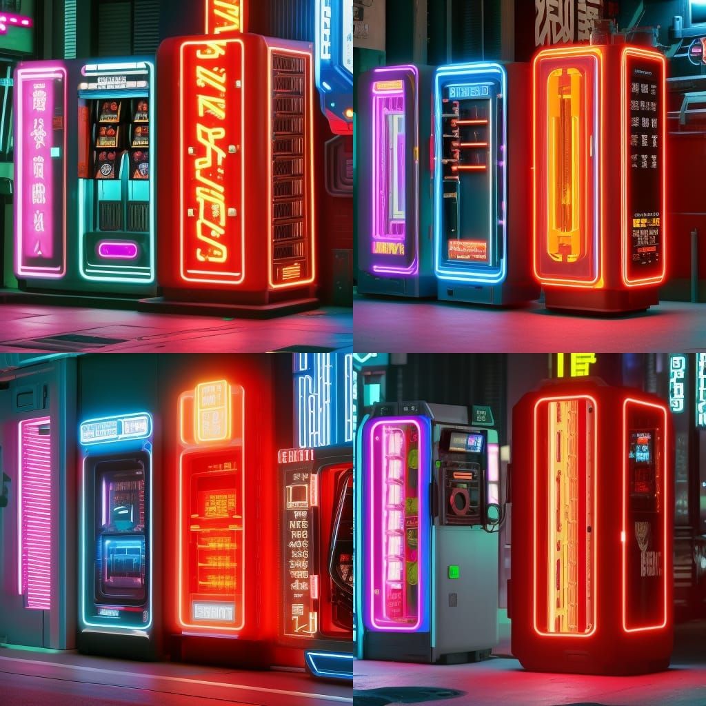 [futuristic vending machines on a deserted neon city street] cyberpunk ...