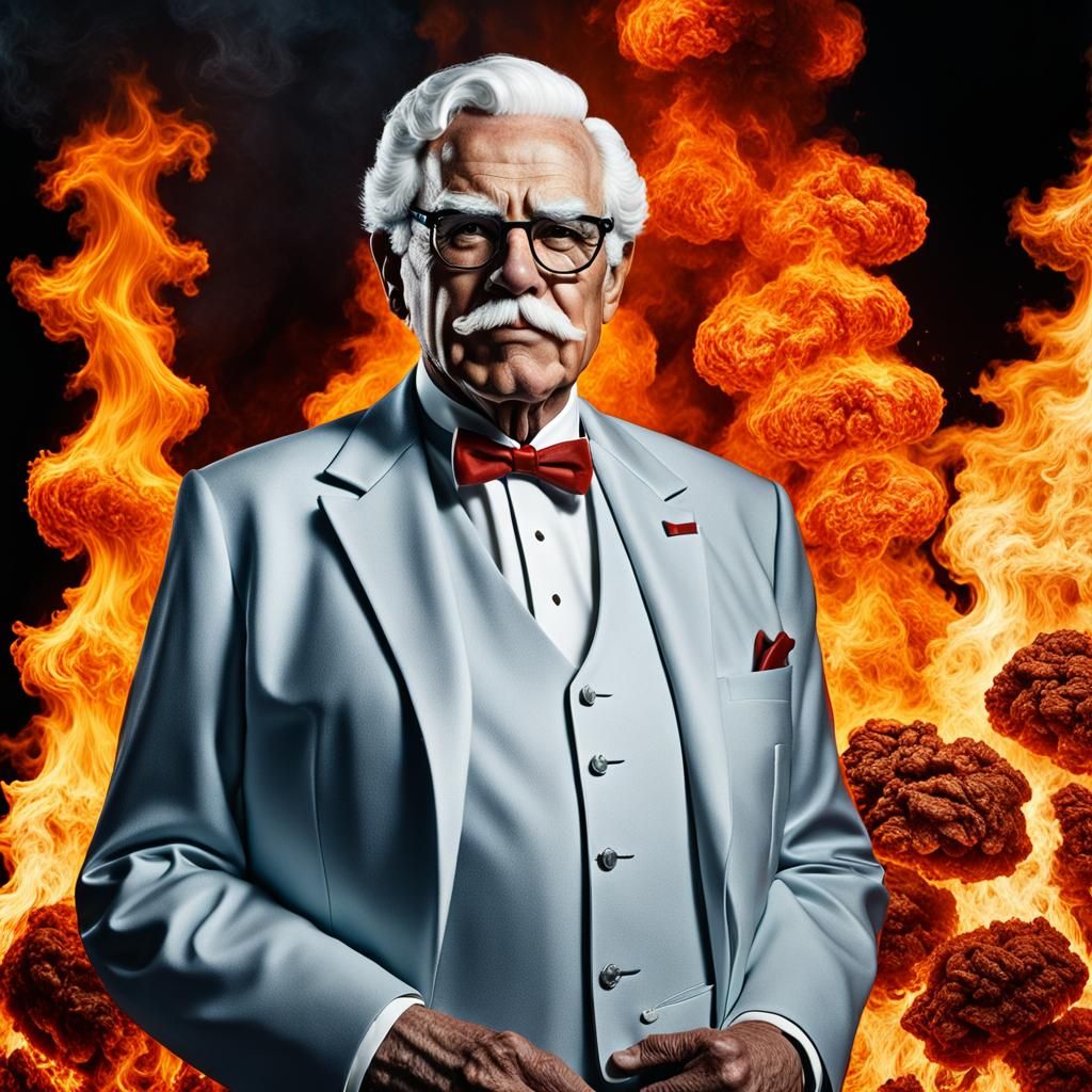 colonel sanders in front of burning kfc - AI Generated Artwork ...