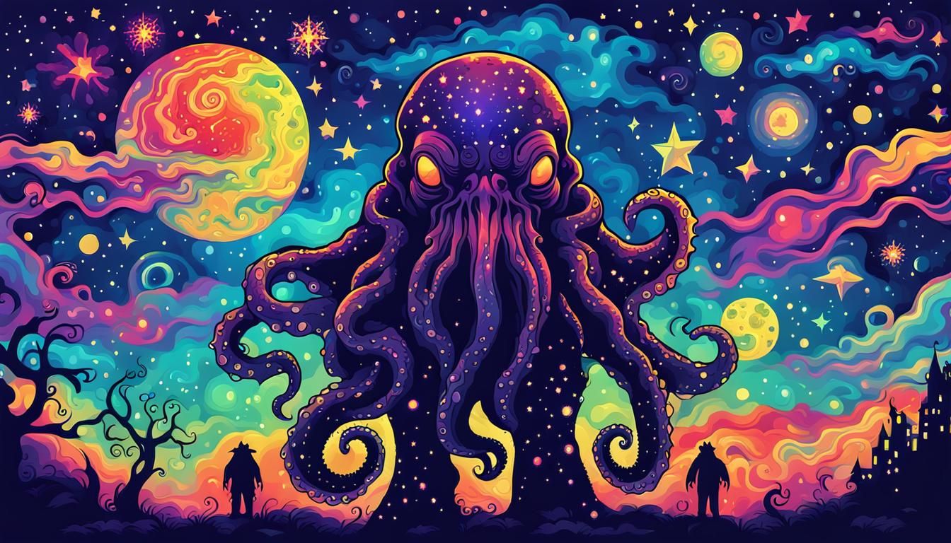 psychedelic colorful silhouette cthulhu starry sky - AI Generated ...