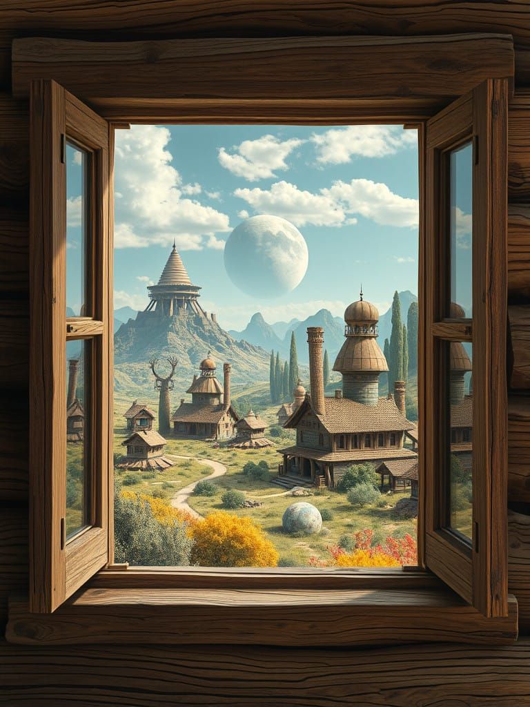 A window with a view of an alien village