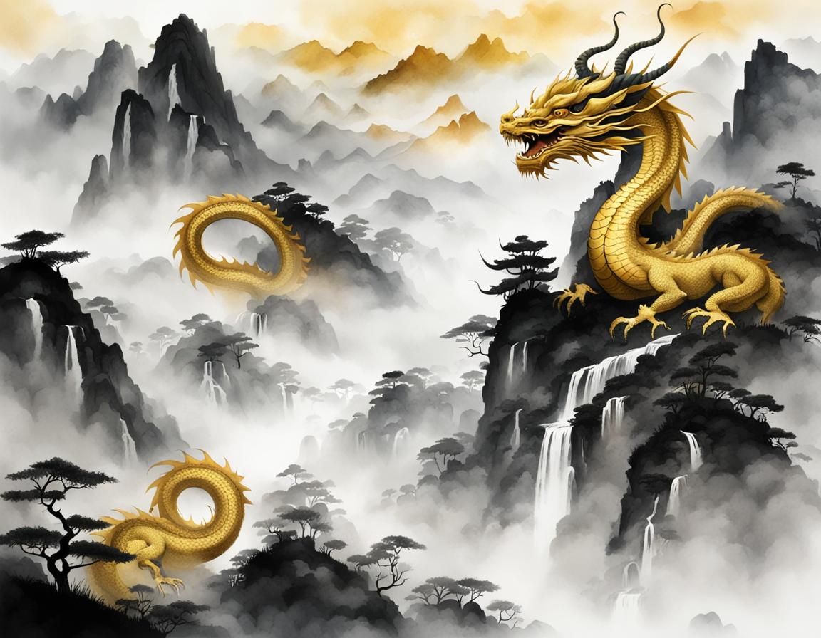Chinese ink painting style, golden eastern style dragon in a misty ...