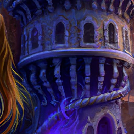 RAPUNZEL HER LONG HAIR FLOWING FROM THE TURRET OF A CASTLE UV COLORS - AI Generated Artwork ...