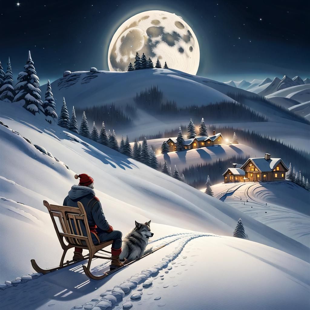 emotional image of lone sled rider, sitting in his sled, atop a large ...