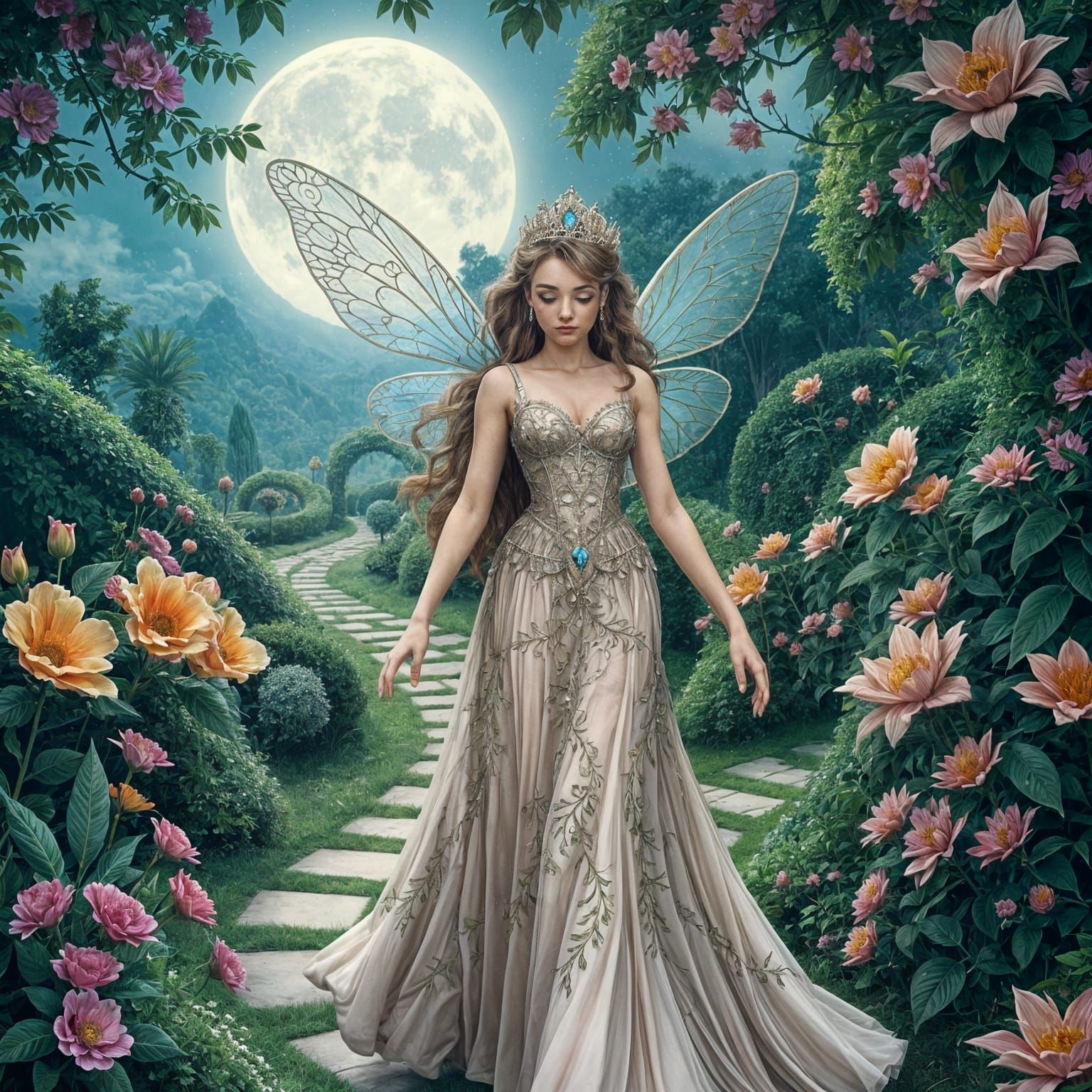 The royal fairy, a princess, strolling along the royal garden at night..