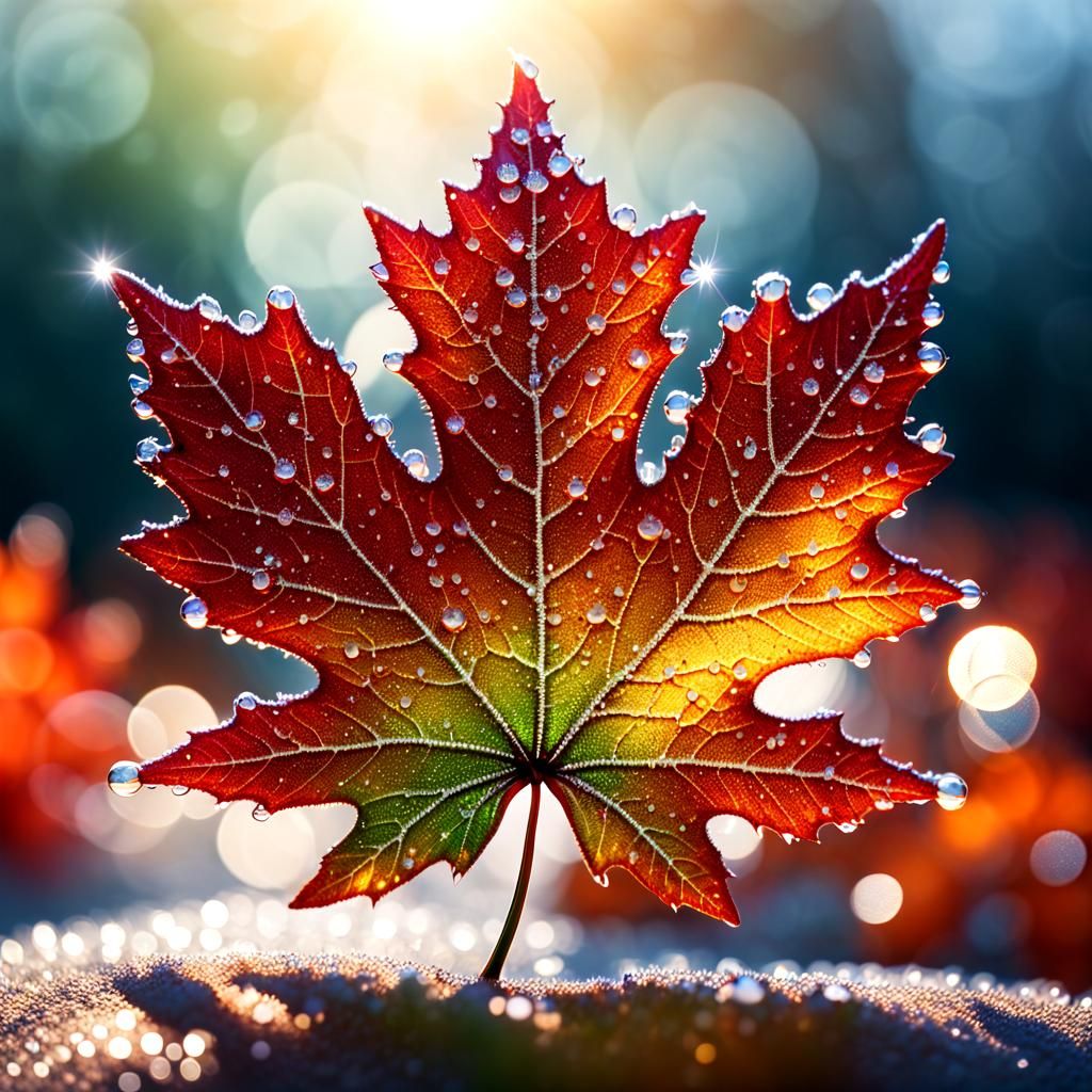 A maple leaf covered with sparkling dewdrops like diamonds in the ...