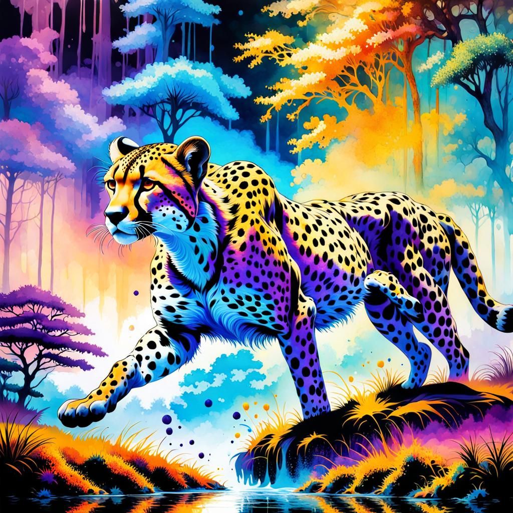 Hunting Cheetah Ink Splatter - AI Generated Artwork - NightCafe Creator