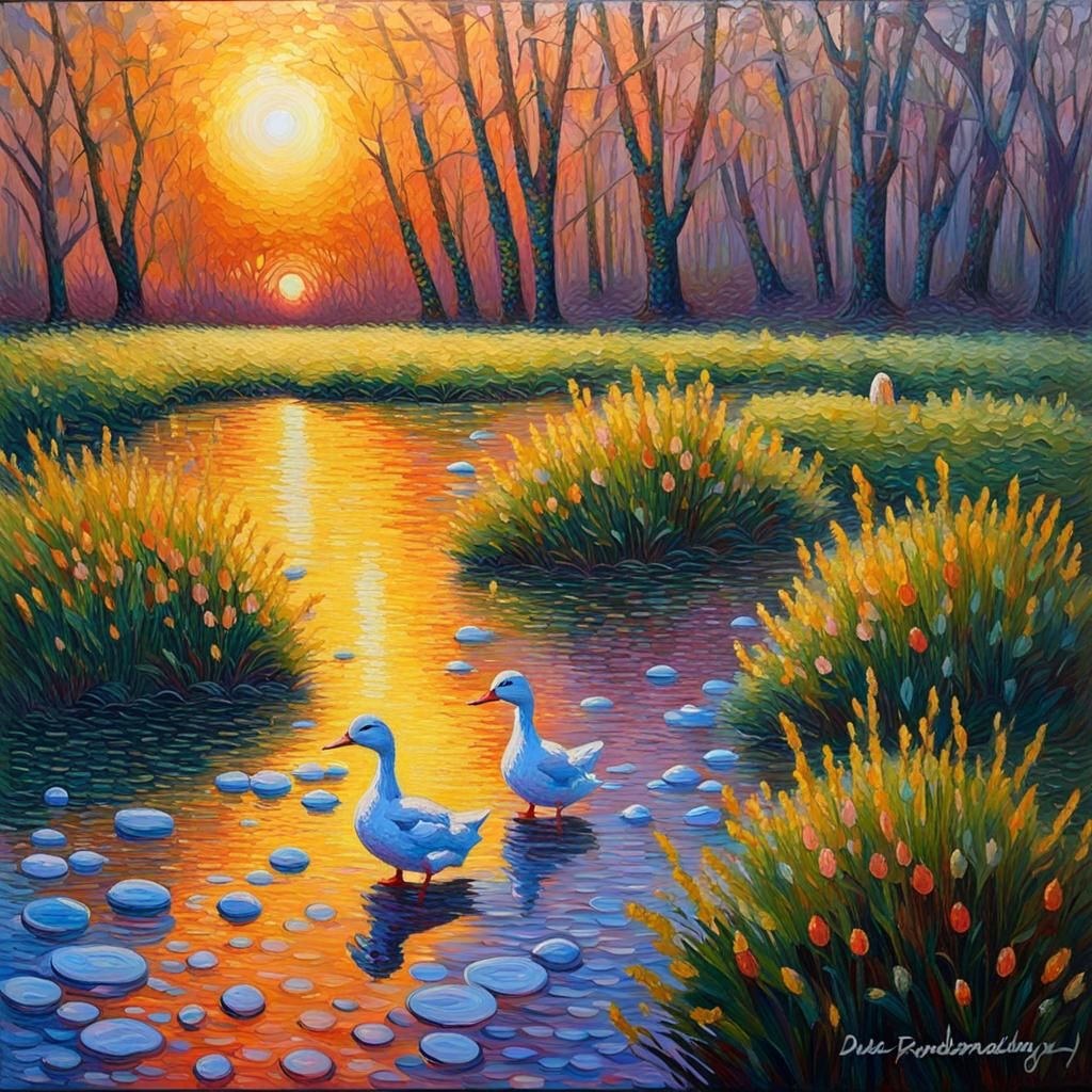 "fragile dewdrops glisten in the light of the rising sun - Duck quacks ...