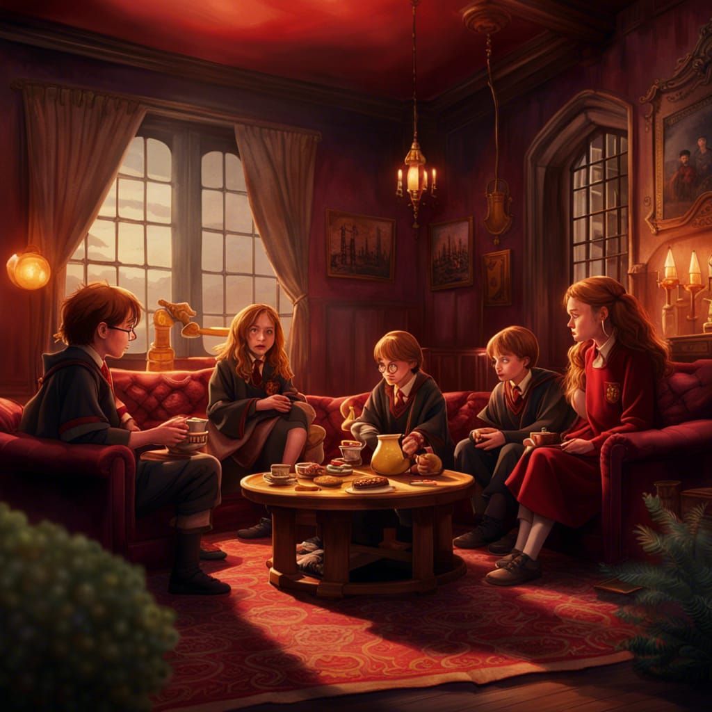 Harry Potter, Hermione Granger and Ron Weasley are sitting in ...
